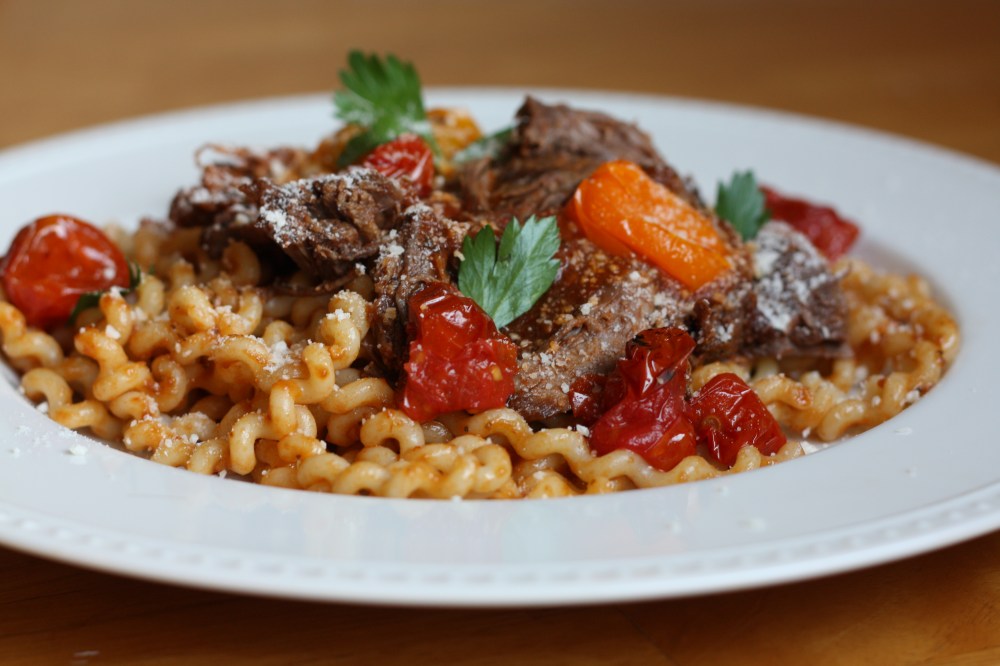 Fusilli with Braised Beef and Oven Roasted Tomatoes | The Gourmand Mom